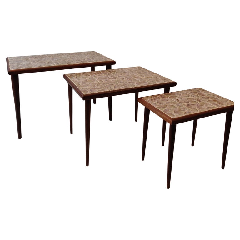 Mid-Century Modern Set of Three Teak and Ceramic Tile Nesting Tables ...