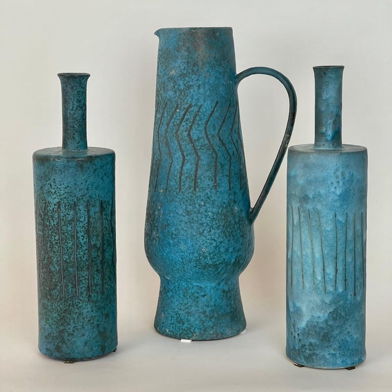 Mid-Century Modern Set of Two Italian Light Blue Ceramic Bottles and ...