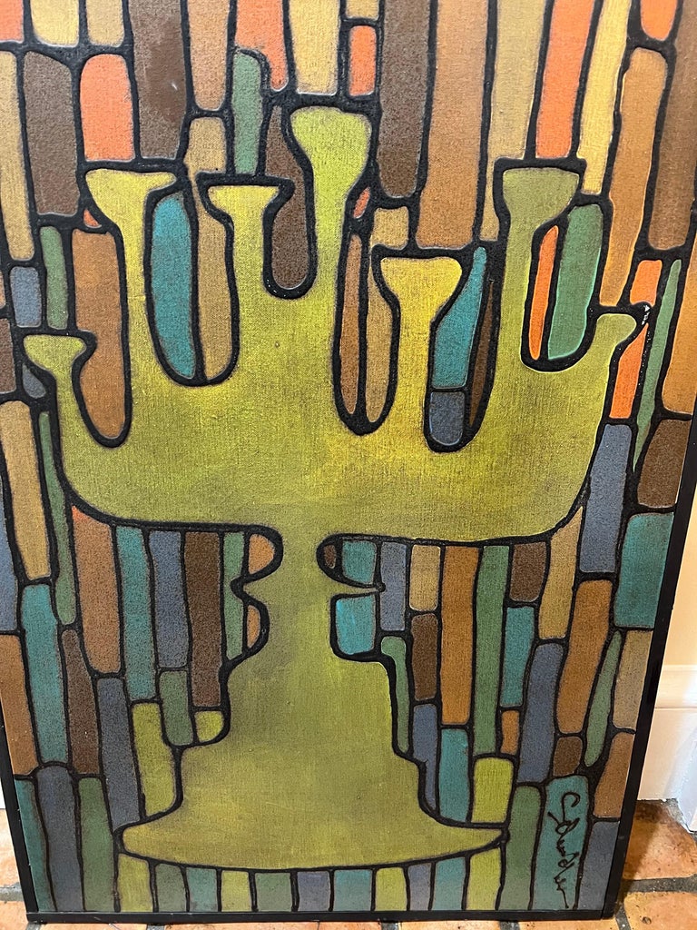 Mid-Century Modern Signed Painting of a Menorah For Sale at 1stDibs