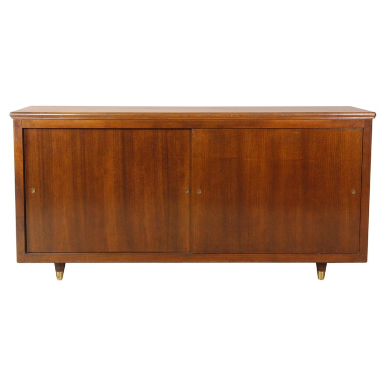 Mid-Century Modern Sliding Door Walnut Credenza with Brass Feet For ...