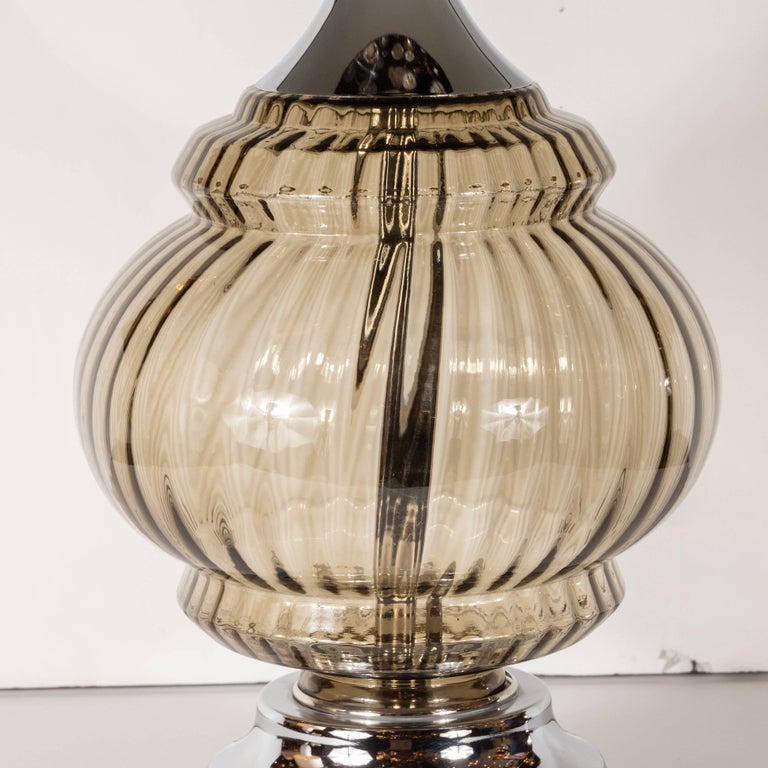 Mid-Century Modern Smoked and Ribbed Glass Table Lamp with Chrome ...