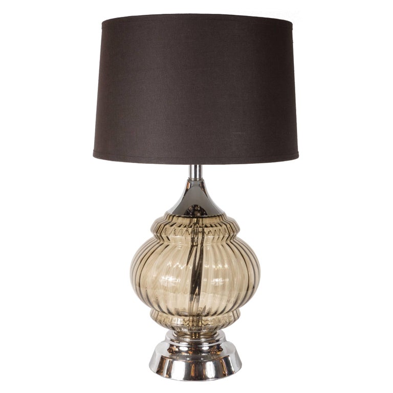Mid-Century Modern Smoked and Ribbed Glass Table Lamp with Chrome ...