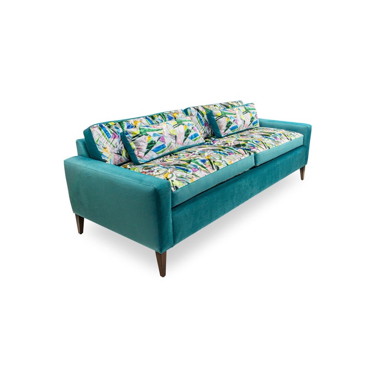 Mid-Century Modern Sofa Upholstered in Turquoise and Abstract Patterned ...