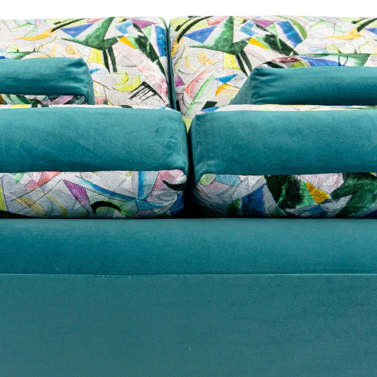 Mid-Century Modern Sofa Upholstered in Turquoise and Abstract Patterned ...