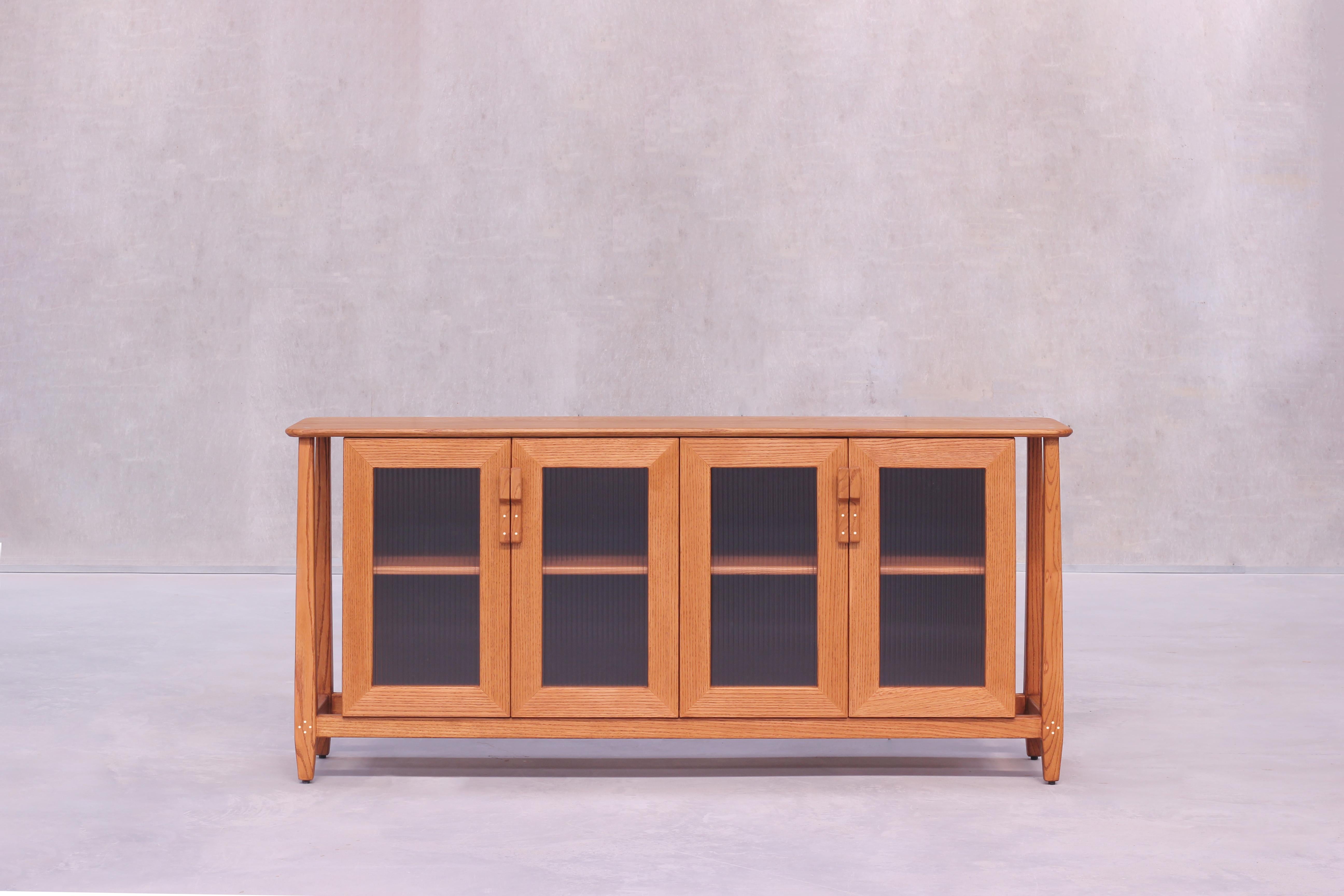 Mid-Century Modern Solid Wood Oak Storage Credenza Cabinet with, Brass ...