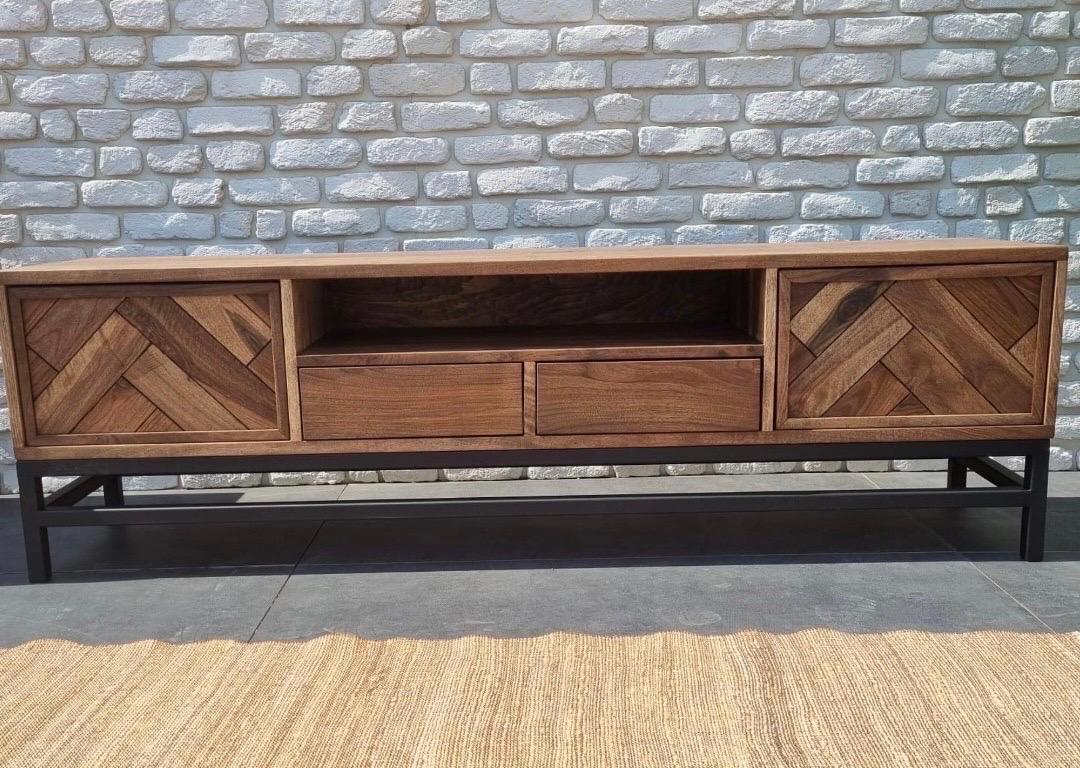 Mid-Century Modern Solid Wood TV Unit with Drawer and Cabinet, Made to ...