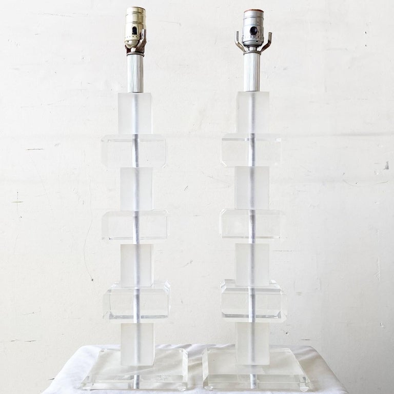Mid-Century Modern Stacked Lucite Block Table Lamps, a Pair For Sale at ...