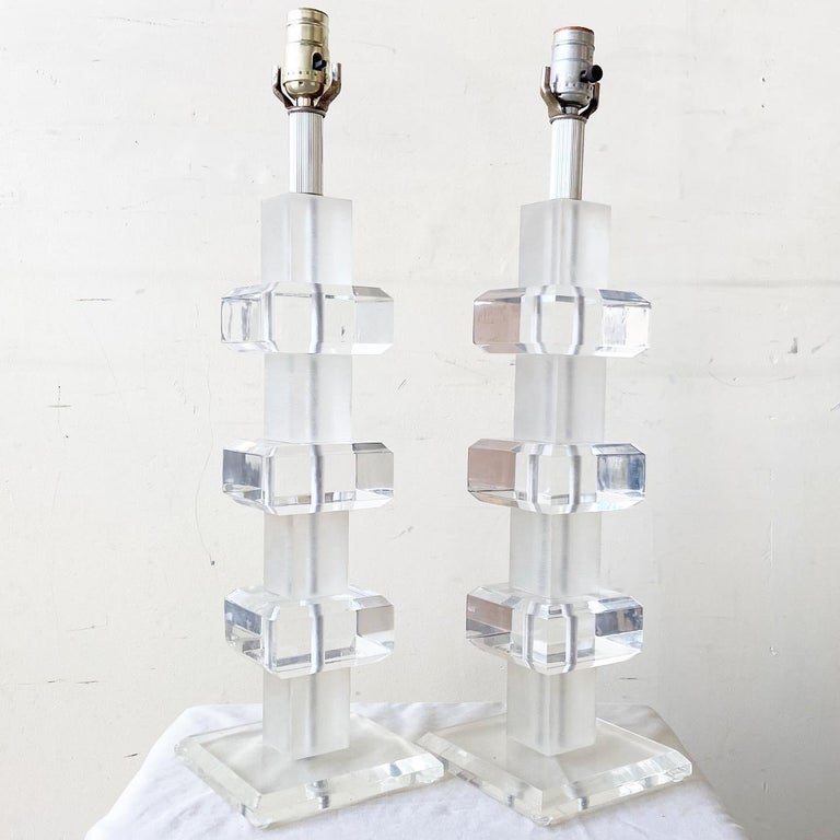 Mid-Century Modern Stacked Lucite Block Table Lamps, a Pair For Sale at ...