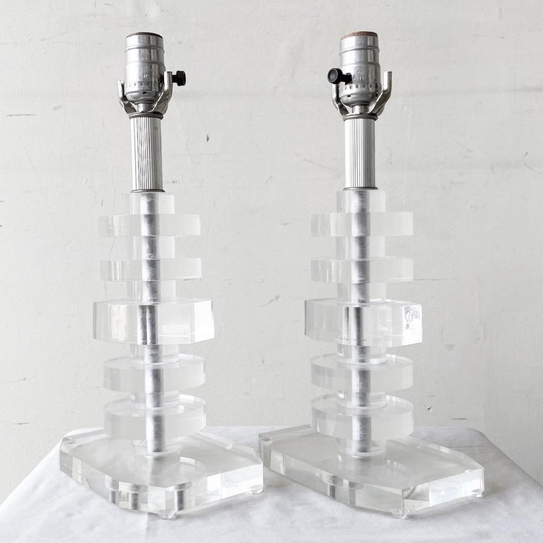 Mid-Century Modern Stacked Lucite Table Lamps, a Pair For Sale at 1stDibs