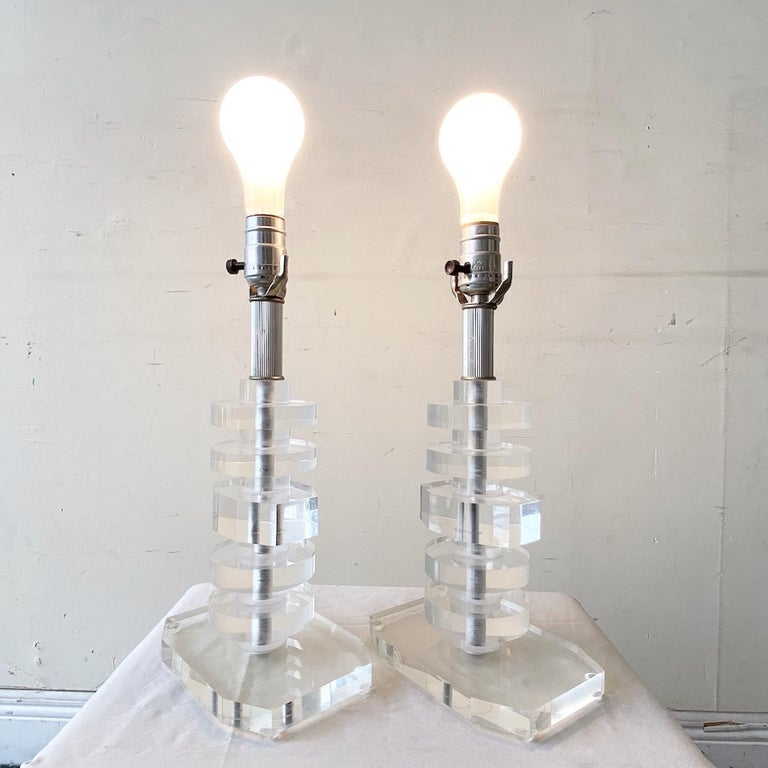 Mid-Century Modern Stacked Lucite Table Lamps, a Pair For Sale at 1stDibs