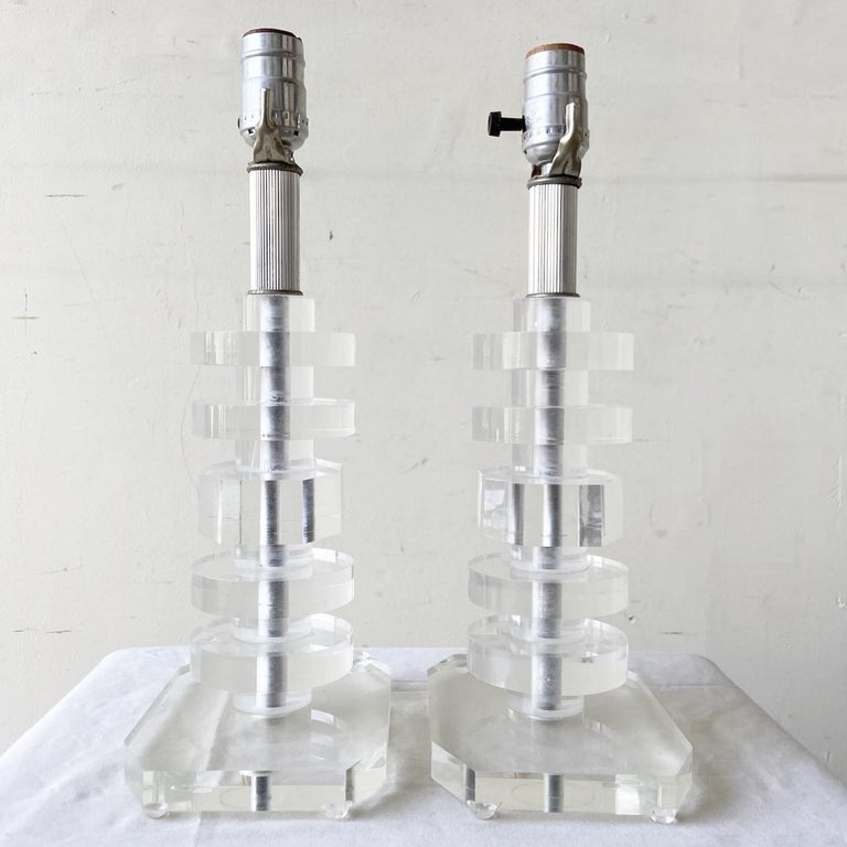 Mid-Century Modern Stacked Lucite Table Lamps, a Pair For Sale at 1stDibs