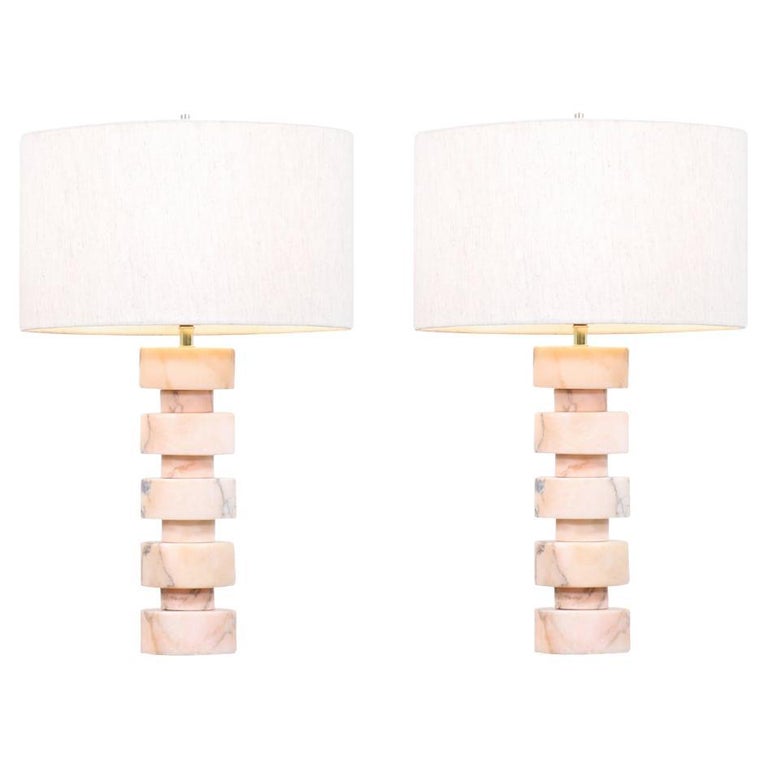 Mid-Century Modern Stacked Pink Carrara Marble Disc Table Lamps at 1stDibs
