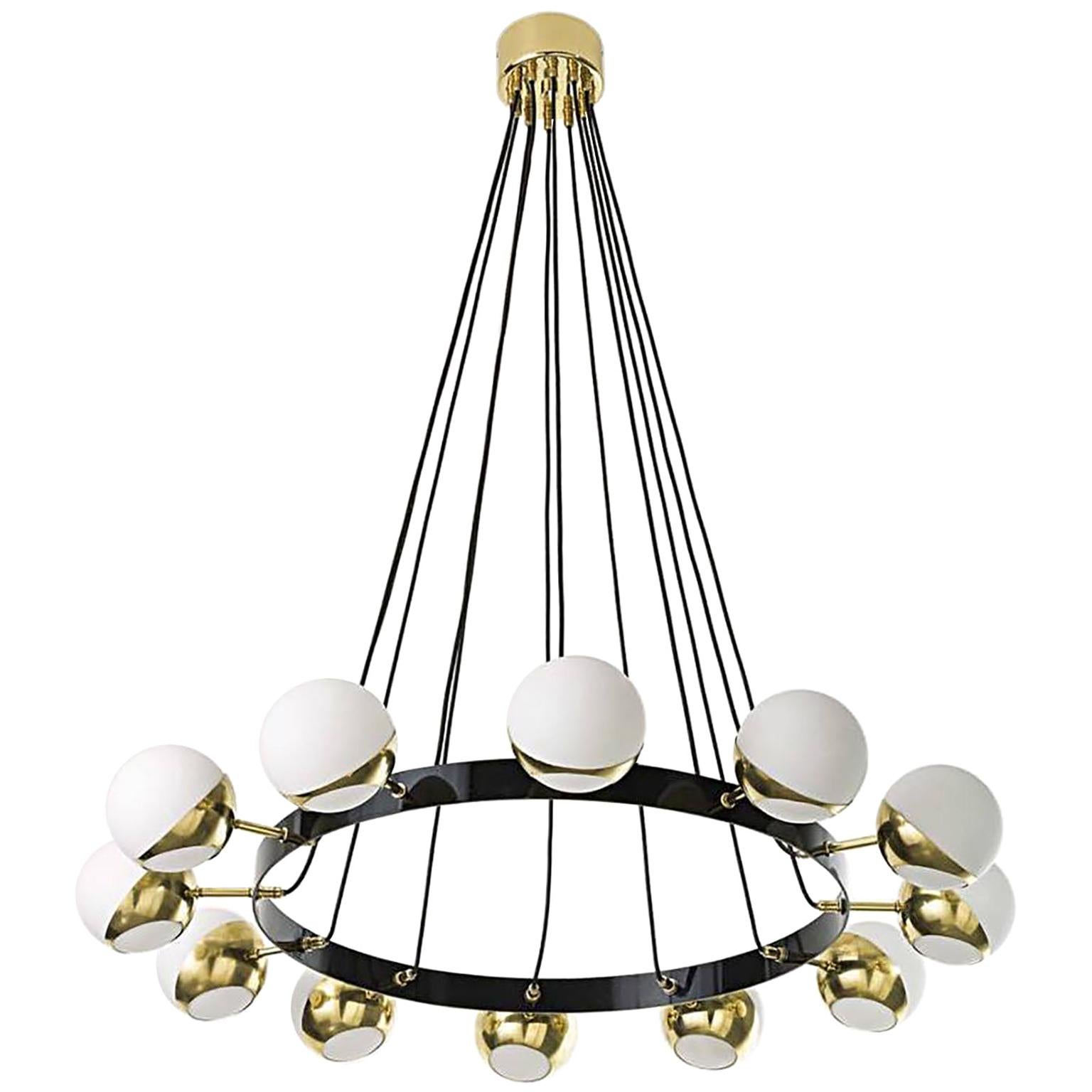 Brass/Black Twelve-Lights Mid-Century Modern Italian Chandelier ...