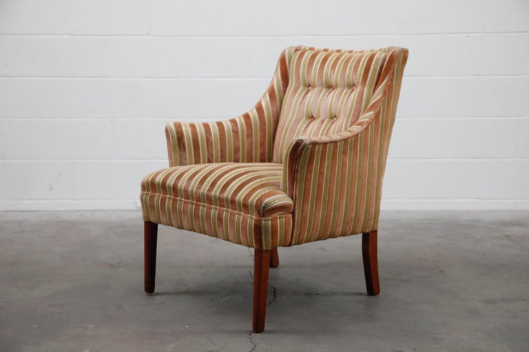 Mid-Century Modern Striped Velvet Fireside Armchair in Olive Green and ...