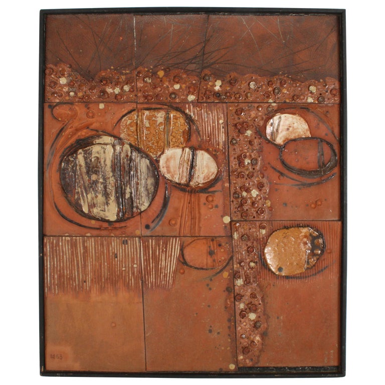 Mid-Century Modern Studio Ceramic Art Framed Tiles Plaque, Signed ...
