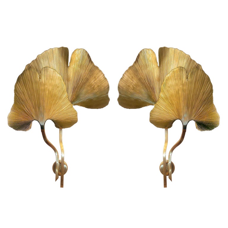 Mid-Century Modern Style Large Brass Wall Light Ginkgo Leaves Organic ...