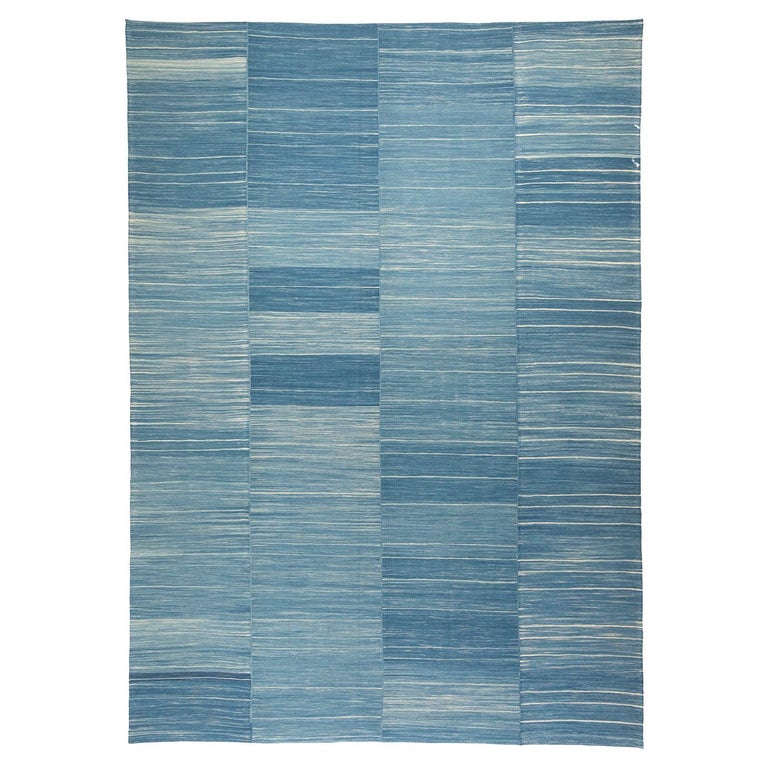 Mid-Century Modern Style Minimalist Mazandaran Flatweave Blue Wool Rug ...