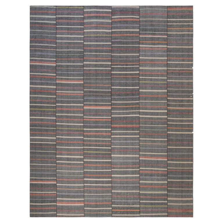 Mid-Century Modern Style Minimalist Stripe Wool Rug in Grey with Color ...