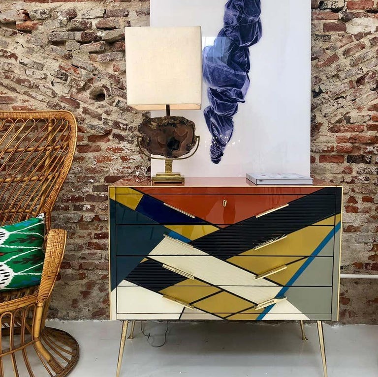 Mid-Century Modern Style Murano Colored Glass and Brass Italian Commode ...