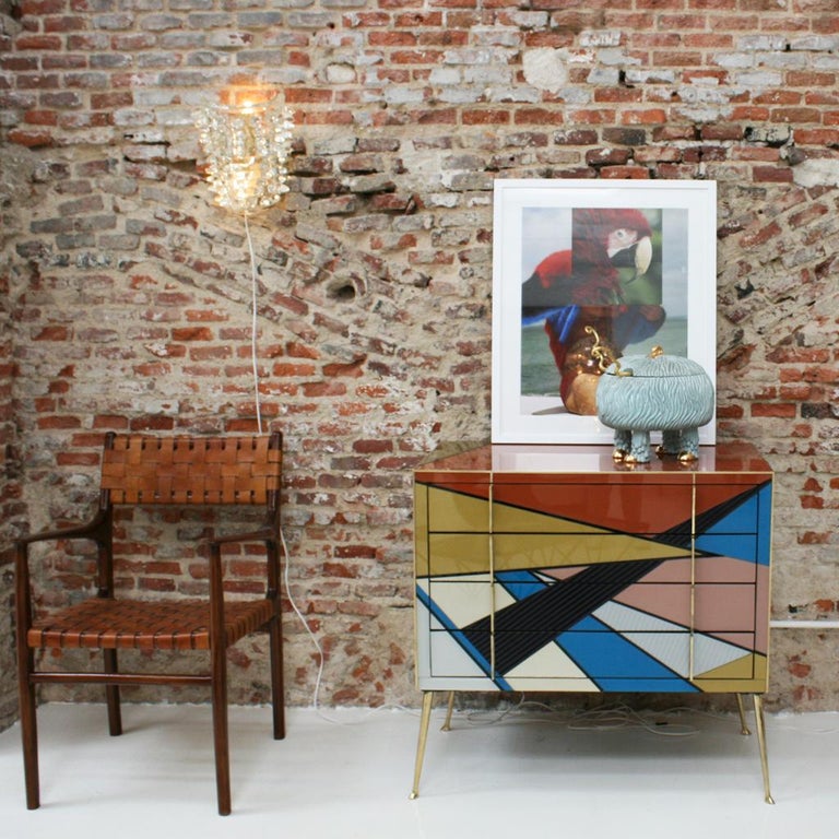 Mid-Century Modern Style Murano Colored Glass and Brass Italian Commode ...