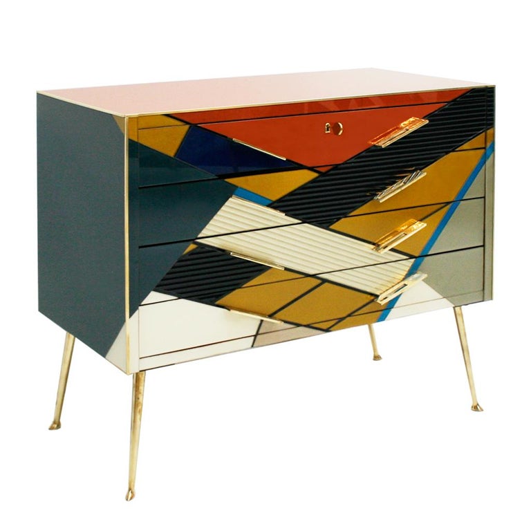 Mid-Century Modern Style Murano Colored Glass and Brass Italian Commode ...