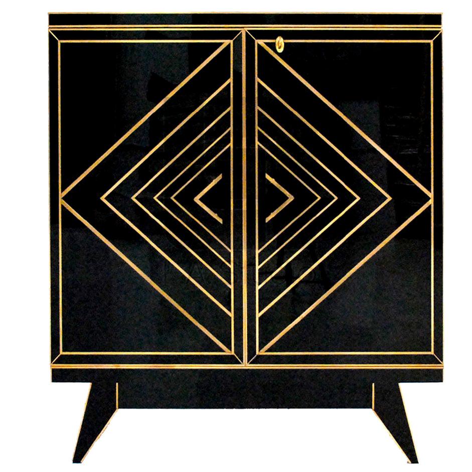 Early 1950s Art Deco Style Italian Black Glass Sideboard With Bronze ...