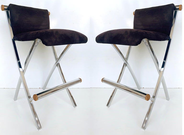 Mid-Century Modern Style Set of 4 Chrome Bar Stools, Wood, Ultrasuede ...