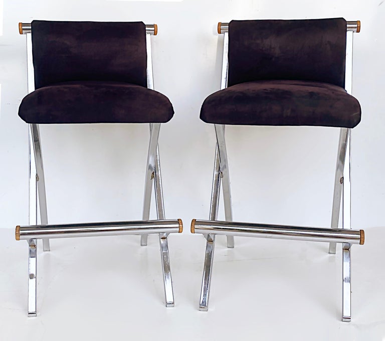 Mid-Century Modern Style Set of 4 Chrome Bar Stools, Wood, Ultrasuede ...