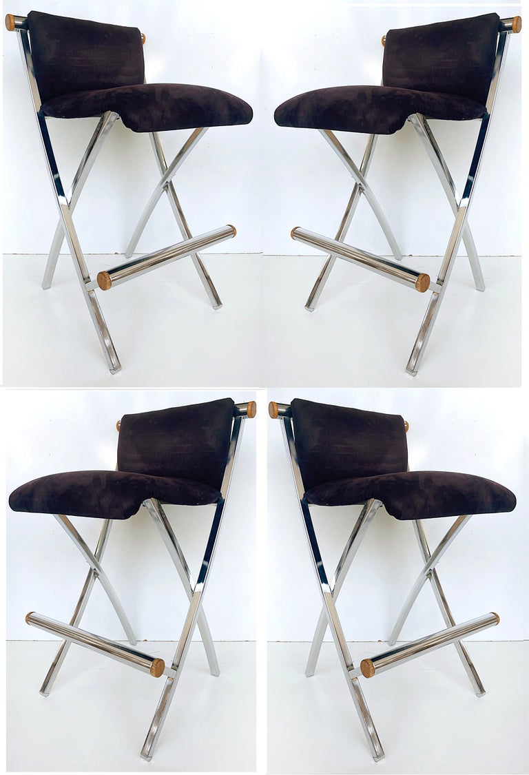 Mid-Century Modern Style Set of 4 Chrome Bar Stools, Wood, Ultrasuede ...