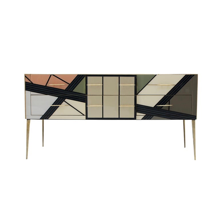 Mid-Century Modern Style Solid Wood and Colored Glass Italian Sideboard ...