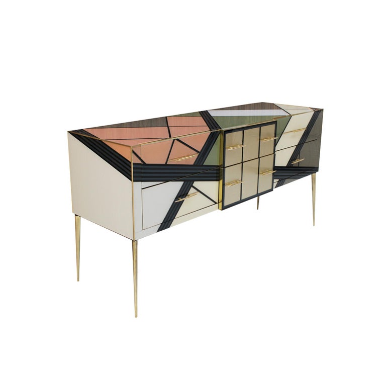 Mid-Century Modern Style Solid Wood and Colored Glass Italian Sideboard ...
