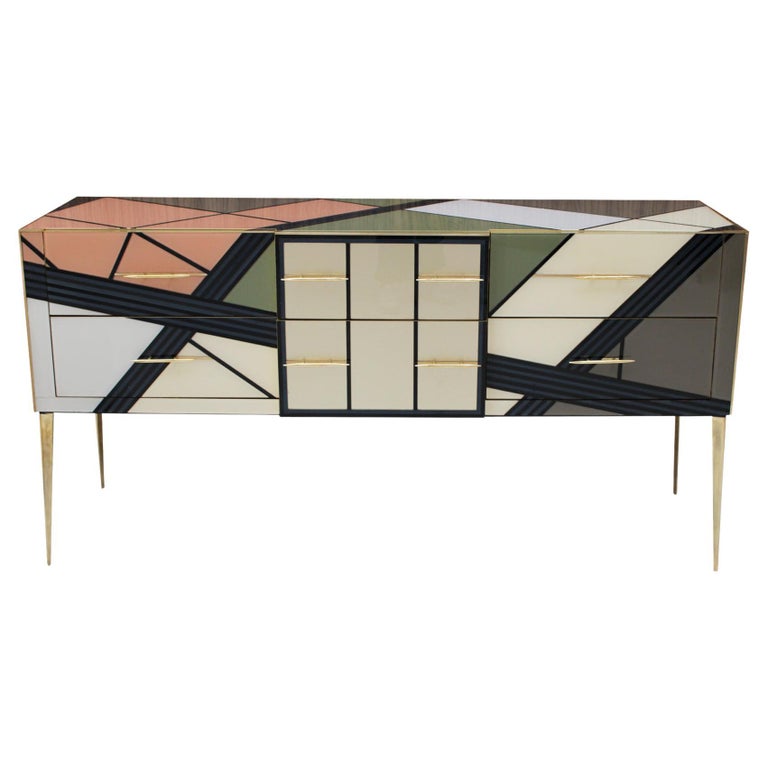 Mid-Century Modern Style Solid Wood and Colored Glass Italian Sideboard ...