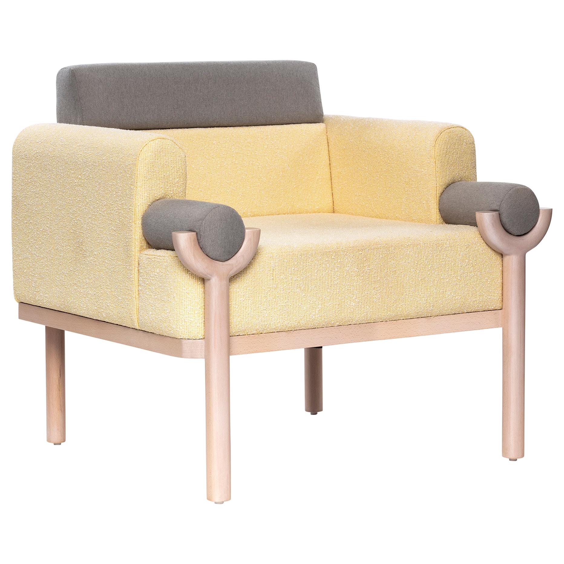 Midcentury Modern Style Solid Wood Armchair Upholstered in Textile and ...