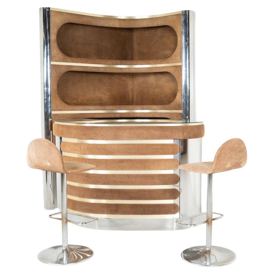 Mid-Century Modern Suede Bar by Willy Rizzo with 2 Stools , Italy ...