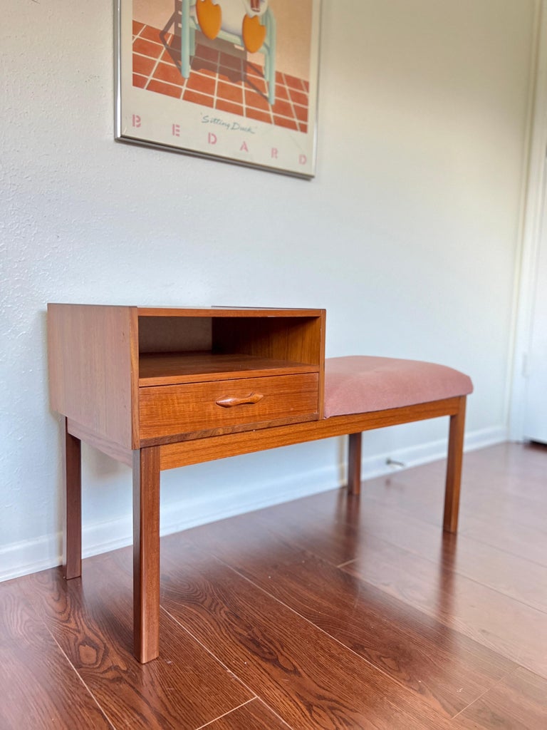 Mid-Century Modern Teak and Velvet Telephone Bench, circa 1960s For ...