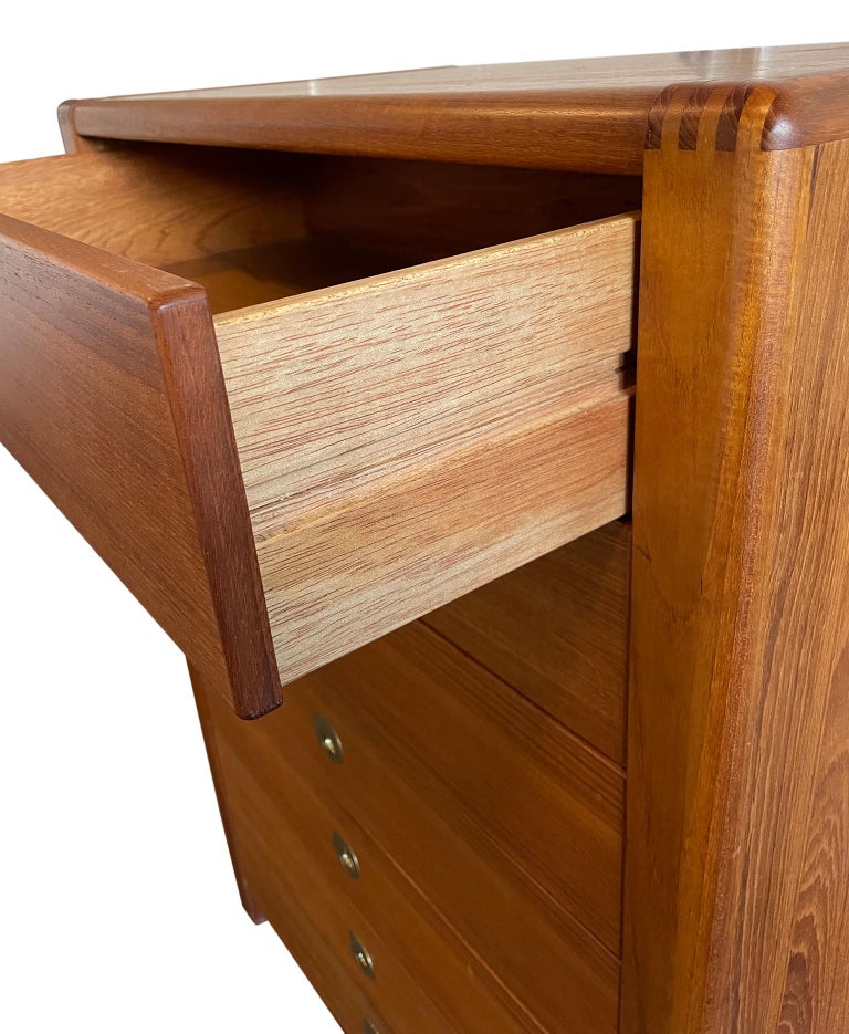 Mid-Century Modern Teak Tall 7 Drawer Dresser Brass Finger Pulls For ...