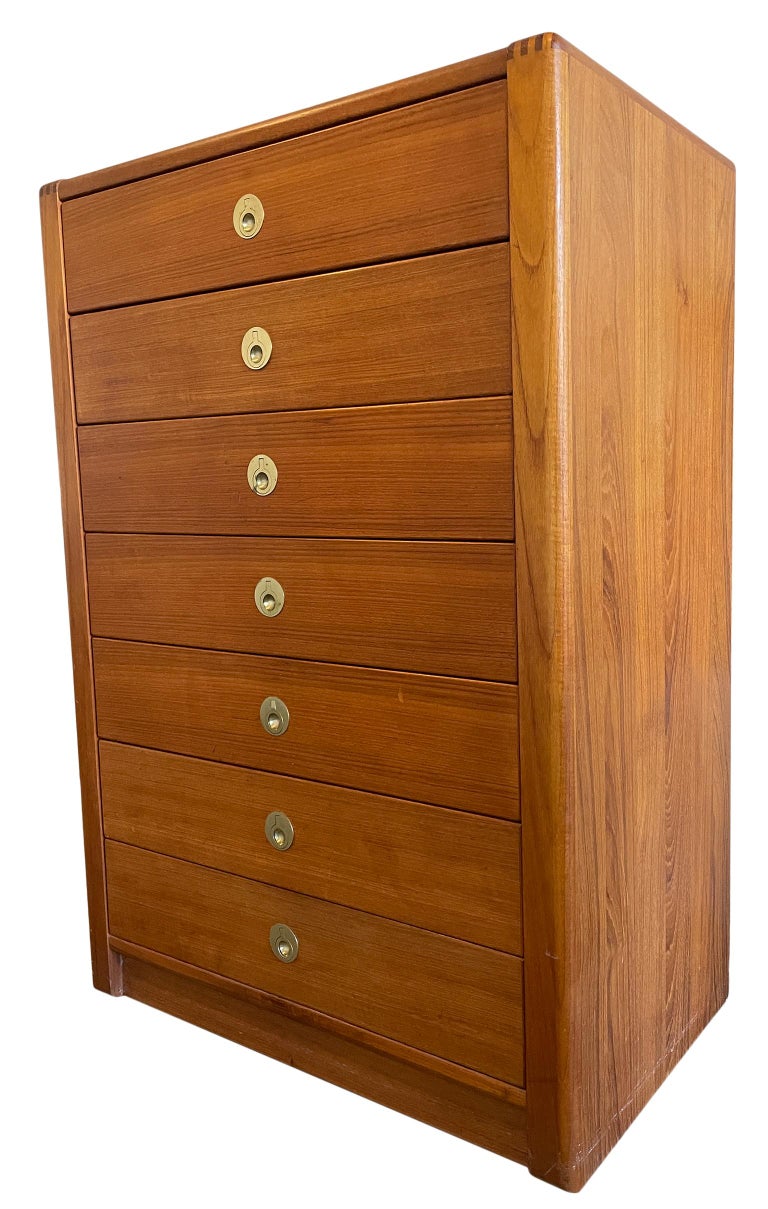 Mid-Century Modern Teak Tall 7 Drawer Dresser Brass Finger Pulls For ...