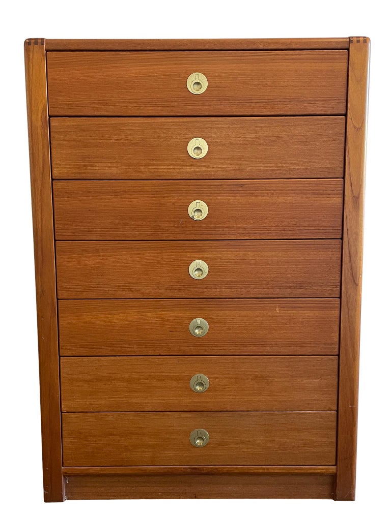 Mid-Century Modern Teak Tall 7 Drawer Dresser Brass Finger Pulls For ...