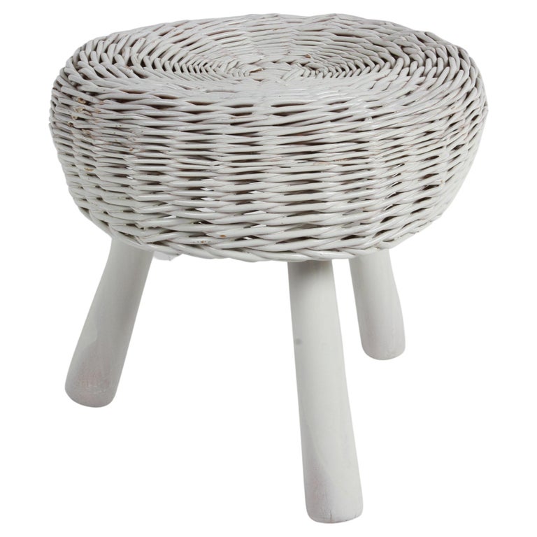 Mid-Century Modern Tony Paul Round Wicker Rattan Stool on Wood legs c ...