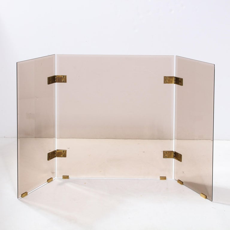 Mid-Century Modern Tri-Fold Smoked Glass Fire Screen with Brass Hinges ...