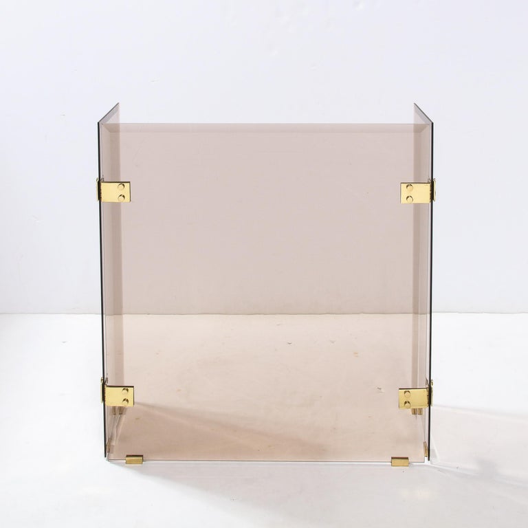 Mid-Century Modern Tri-Fold Smoked Glass Fire Screen with Brass Hinges ...