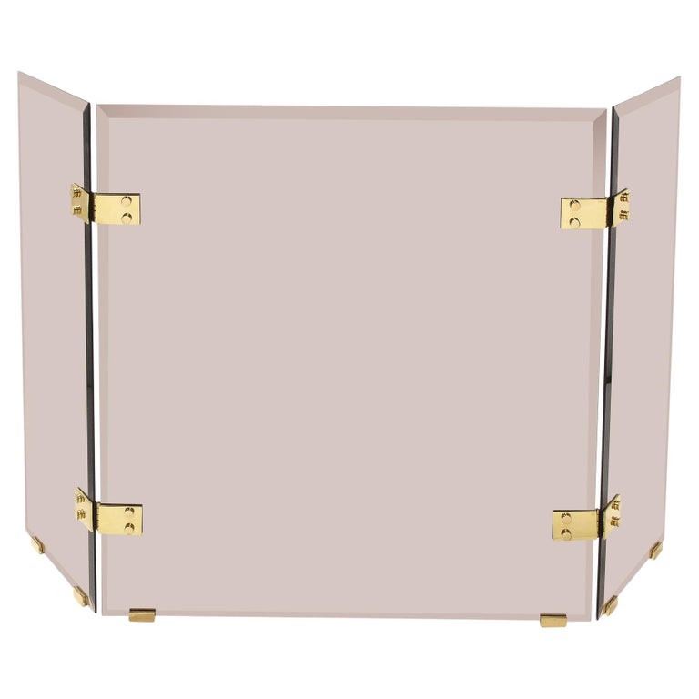 Mid-Century Modern Tri-Fold Smoked Glass Fire Screen with Brass Hinges ...