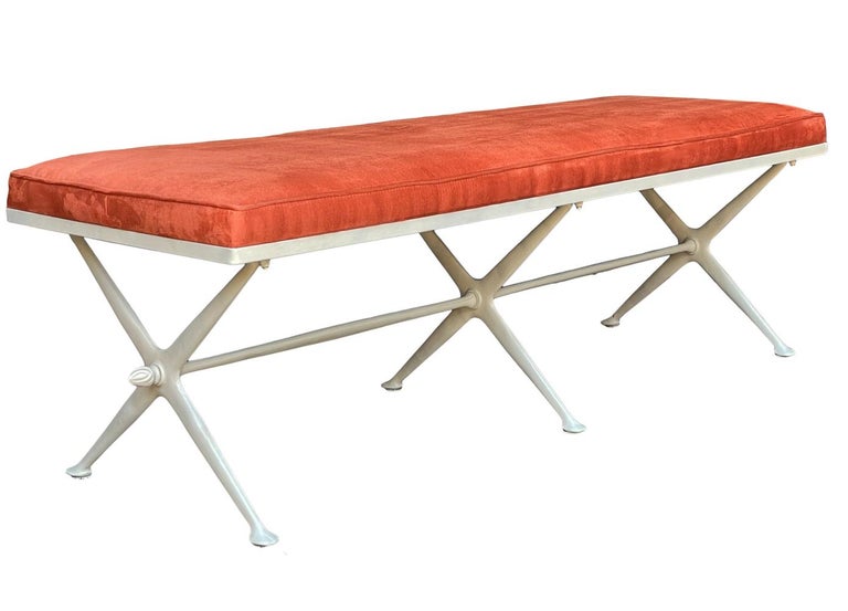 Mid-Century Modern Triple Bench with X Base in Off White and Orange For ...