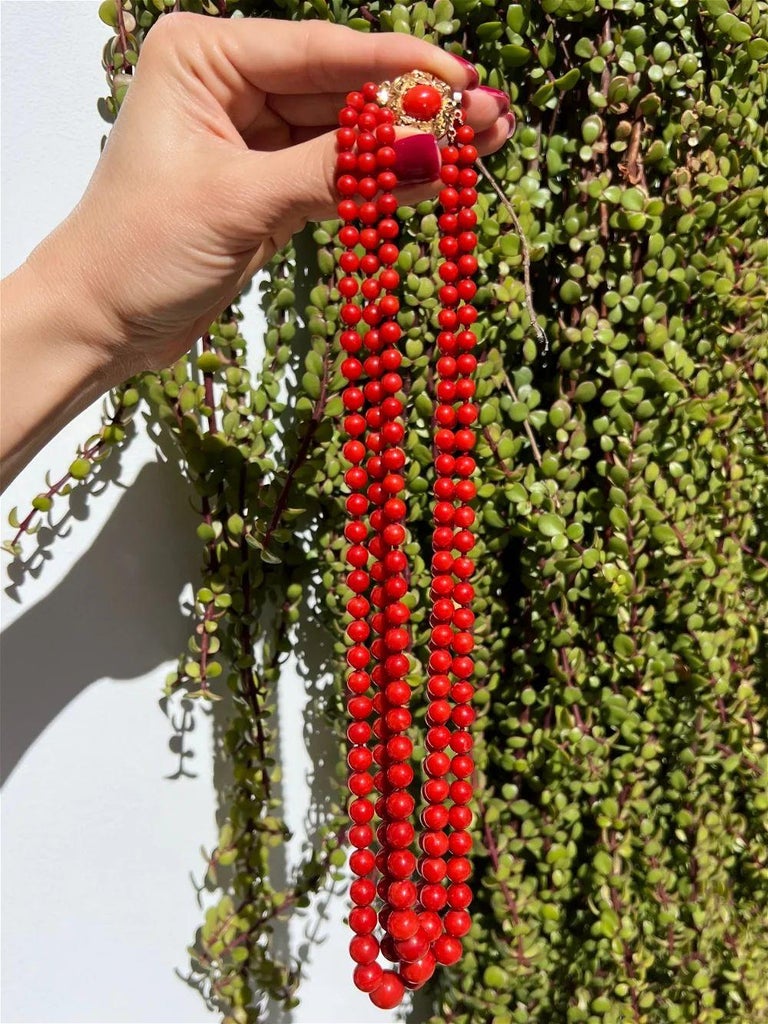 Mid-Century Modern Triple Strand Red Coral Beads and Gold Clasp Vintage ...