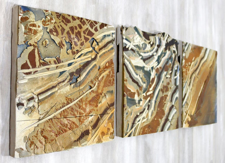 Mid-Century Modern Triptych C. Dunn Signed Ceramic Tile Sculptures ...