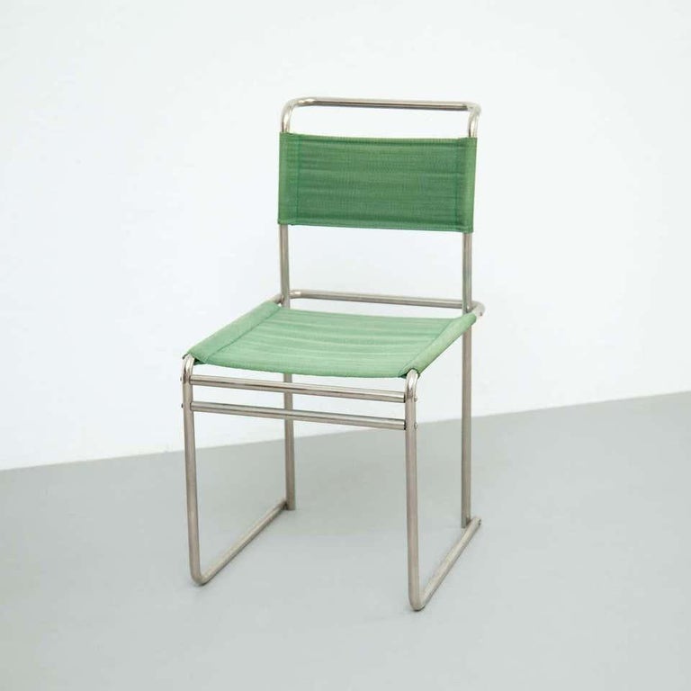 Mid-Century Modern Tubular Steel Chair with Green Fabric For Sale at ...