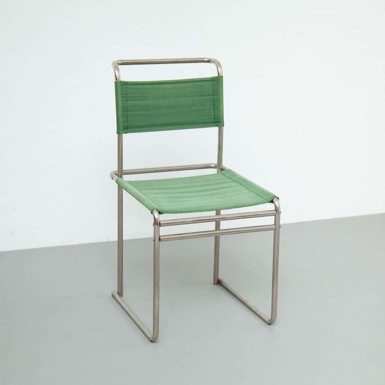 Mid-Century Modern Tubular Steel Chair with Green Fabric For Sale at ...