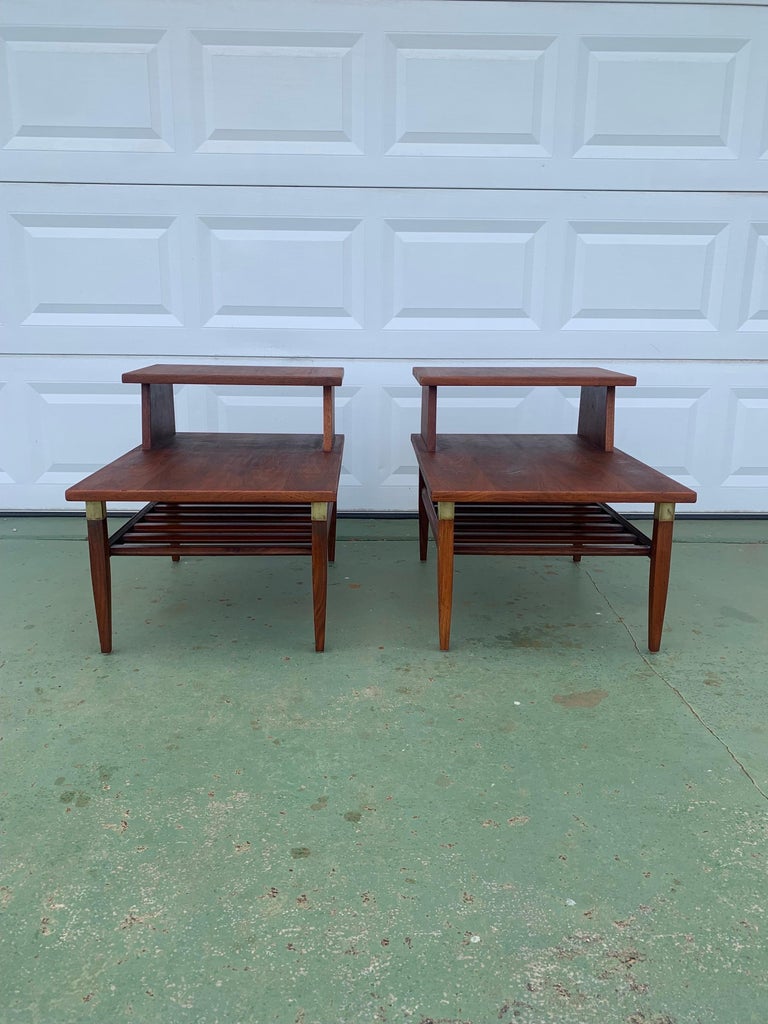 Mid-Century Modern Two-Tier End Tables in Walnut and Brass, a Pair For Sale at 1stDibs