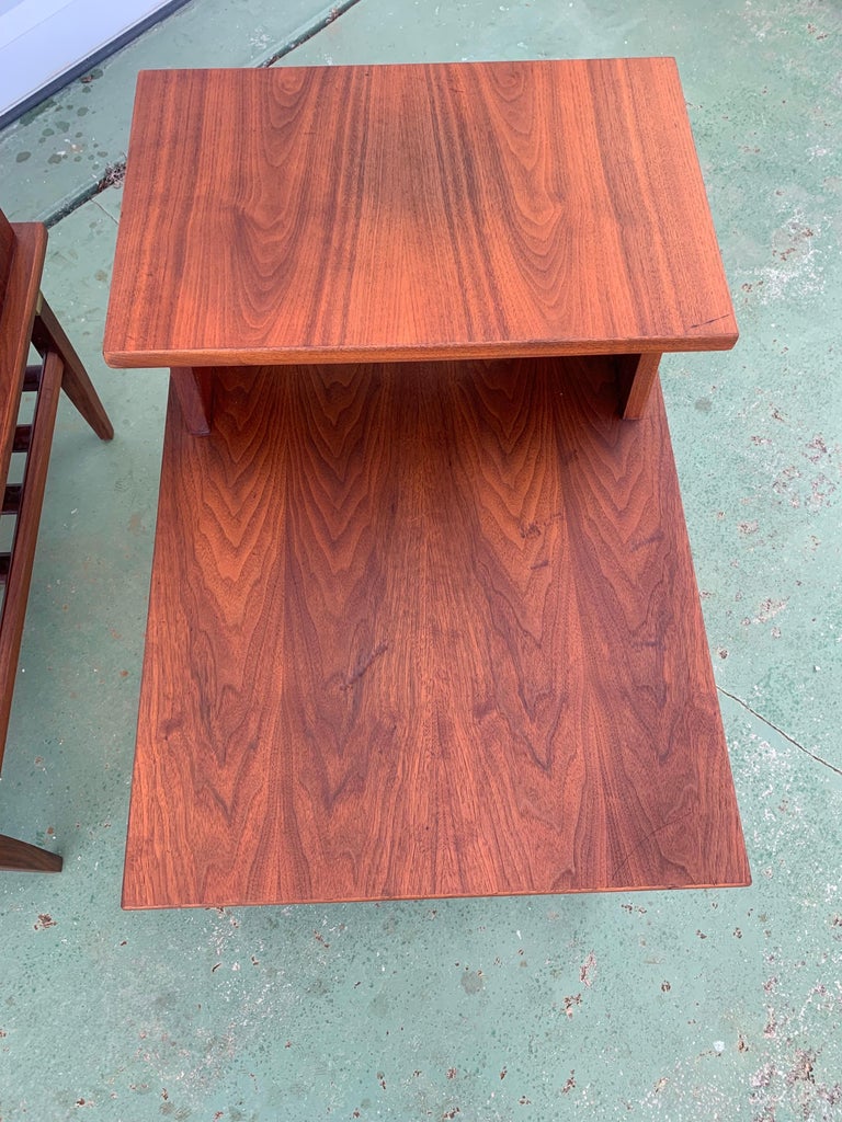 Mid-Century Modern Two-Tier End Tables in Walnut and Brass, a Pair For ...