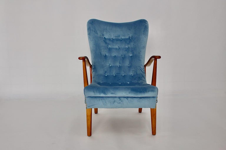 Mid-Century Modern Vintage Beech Blue Armchair Lounge Chair Austria ...